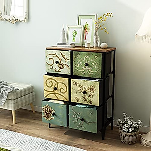 AOPSEN Dresser with 6 Drawers, Tall Storage Dresser for Bedroom, Modern Chest of Drawers for Closet, Living Room, Nursery, Wood Top, Fabric Drawers (Rustic Brown)
