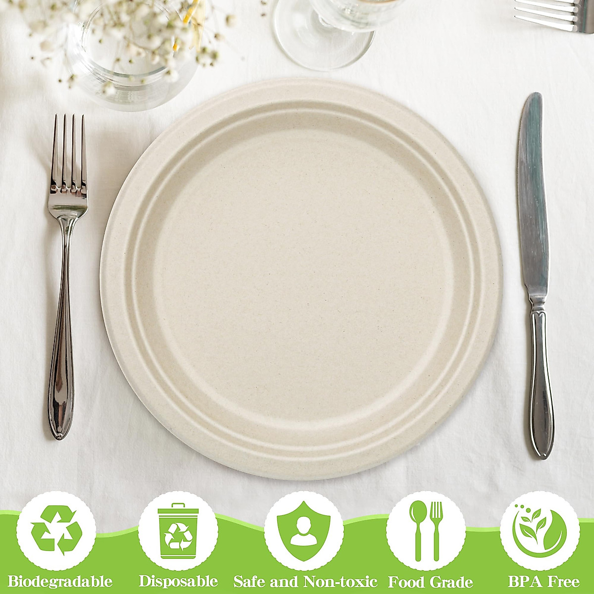 50 PCS Compostable Paper Plates, 9" Heavy Duty Disposable Plates, Biodegradable Sugarcane Fiber Natural Bagasse Party Plates Microwave Safe Dinner Plates Bulk for Daily Use Birthday Wedding Picnic