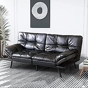 IULULU Futon Sofa, Faux Leather Couch Bed, Memory Foam Sleeper Daybed with Adjustable Backrest and Armrest for Studio, Apartment, Office, Small Space, loveseat, Black