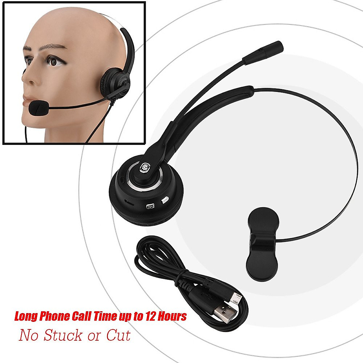 Bluetooth Business Headset with Mic, 12 Hours, Noise Cancelling, Comfortable Wearing, Lightweight for Call Center, Computer, Telephone, Desktop Box