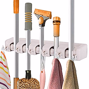 Toolsempire Broom and Mop Holder Wall Mounted Garden Tool Rack Garage Storage Organizer Rack 5 Position with 6 Hooks