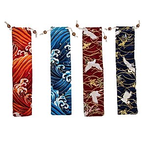Cabilock Straw Purse 4Pcs Japanese Wave Silverware Holder Chopstick Sleeve Cutlery Pouch Drawsrtings Storage Bag Knife Fork Covers for Fans Tableware Party Favors Hand Fan Protector Pouch