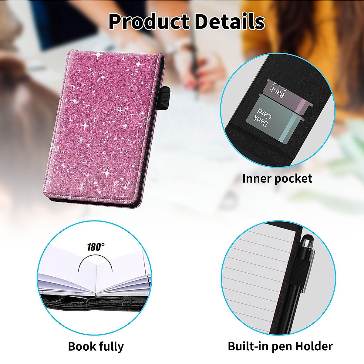 RYUITHDJP Small Memo Pad Notepad with Bling Theme, Mini Pocket Notepad Holder + 1 Pen + 2 Pieces Memo Book Refills 30 Lined Paper Note Pad