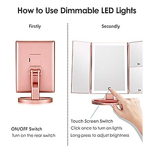 WEILY Lighted Vanity Makeup Mirror 1x/2x/3x Magnification Trifold with 36 LED Lights Touch Screen and USB Charging, 180 Degree Adjustable Stand for Countertop Cosmetic Makeup Mirror(Rose Gold)
