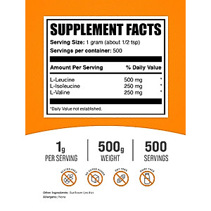 BulkSupplements.com BCAA 2:1:1 Powder - Branched Chain Amino Acids, BCAA Supplement, BCAAs Amino Acids Powder - Unflavored & Gluten Free, 1000mg per Serving, 500g (1.1 lbs) (Pack of 1)