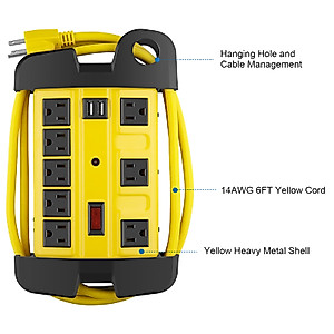 CCCEI Heavy Duty Power Strip with USB, Workshop 8 Outlet Surge Protector 2700 Joules, Industrial Metal 15Amp Power Strip, 6FT Extension Cord and Wide Spaced, Yellow