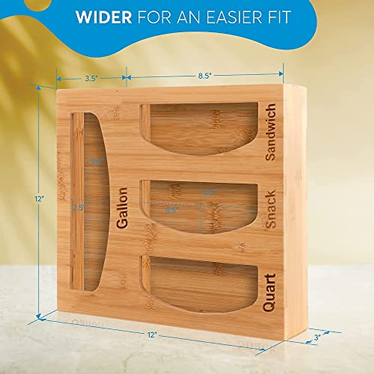 Bamboo Food Storage Ziploc Bag Organizer - Perfect for a Kitchen Drawer and Kitchen Organization - Plastic Ziploc Bags Storage Compatible with Gallon, Quart, Sandwich & Snack Variety Size Bags