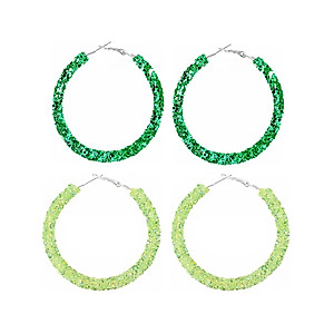 2 Pairs Glitter Sequins Hoop Earrings for Women Bohemian Circle Round Sparkle Rhinestone Crystal Wrapped Big Hoop Dangle Earrings Geometry Jewelry-green