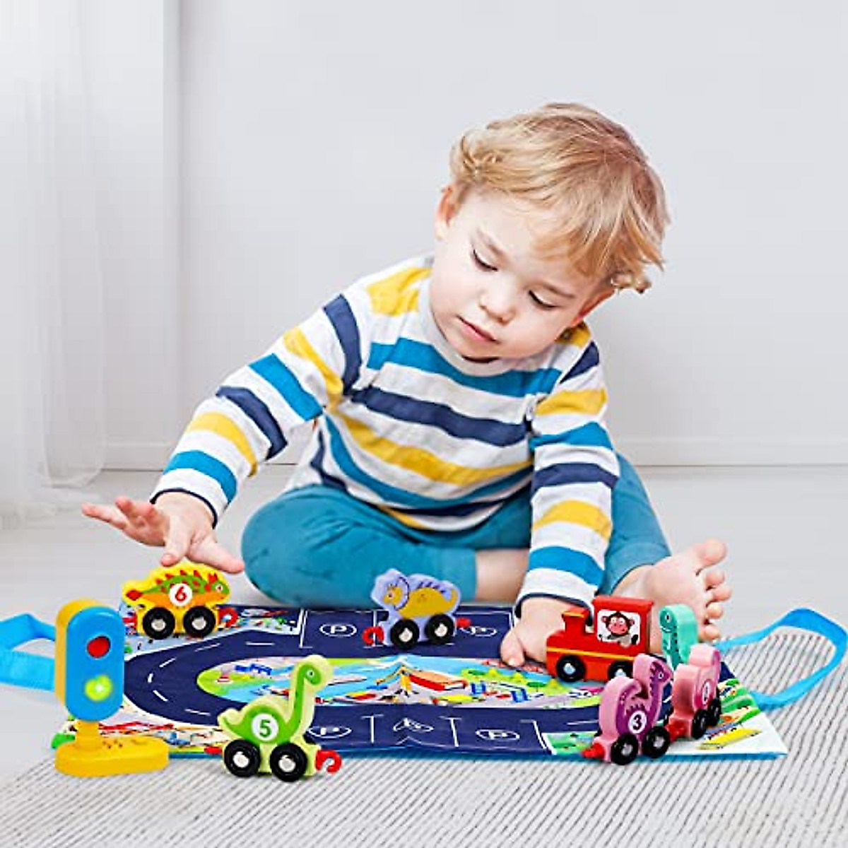 Dinosaur Toys for Kids 2-4 Gifts, Wooden Train Set for 2 3 Year Old Boy Toys, Montessori Toys for 1+ 2 3 Year Old Girl Birthday Gifts, Toy Cars Learning Educational Toys for Toddler Ages 1-2-4