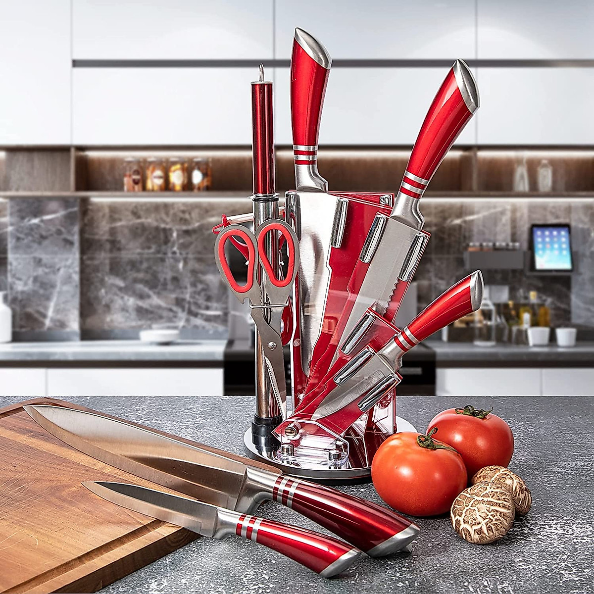 Kitchen Knife Set, 9-Piece Red Knife Set with Acrylic Block, Non Stick Sharp High Carbon Stainless Steel Chef Knife Set with Sharpener for Kitchen Cutting Kitchen Gifts for Women