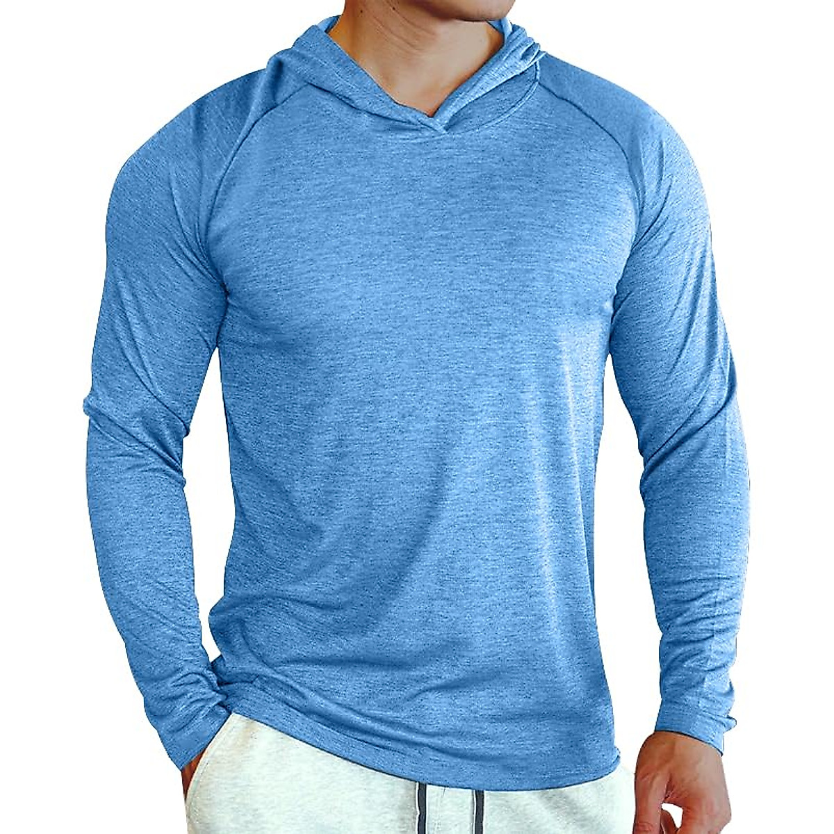 lexiart Men Fashion Athletic Hoodie Workout Pullover Sport Solid Color Sweatshirt Sky Blue