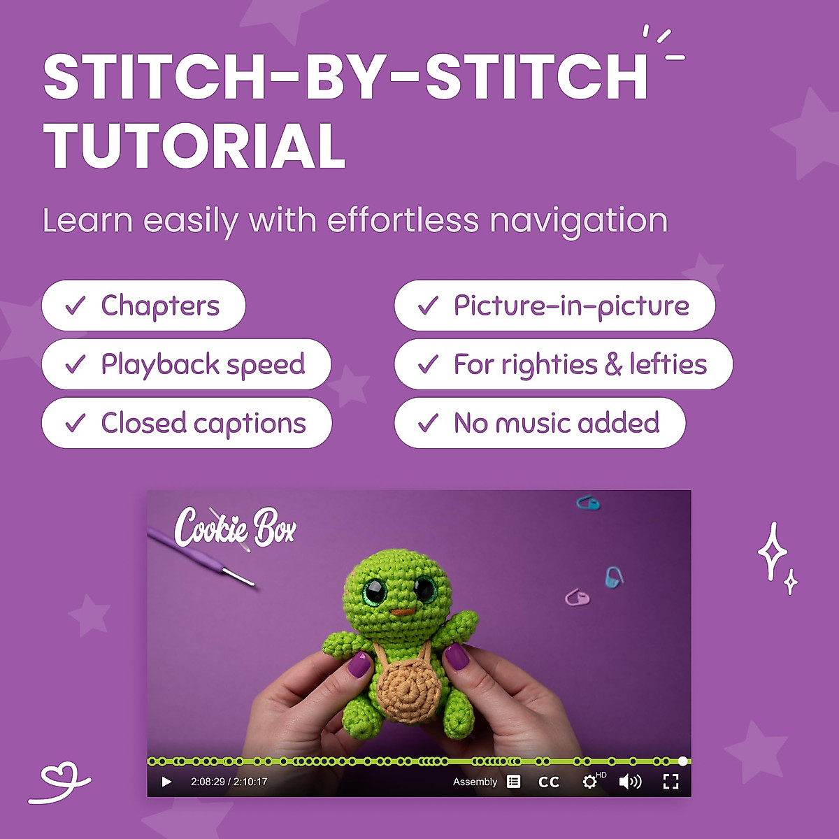 Cookie Box Crochet Kit for Beginners - Learn to Crochet Amigurumi Stuffed Animals - Gift - for Kids (13+) and Adults - Beginner-Friendly Yarn - Stitch-by-Stitch Video Tutorial - Turtle Hugo