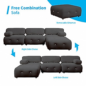 Mjkone Modular Sectional Sofa with Reversible Chaise, Velvet L Shaped Cloud Couch with Reversible Ottoman, 4 Seater Couch Button Tufted Designed, DIY Combination Sofa for Living Room, Dark Grey