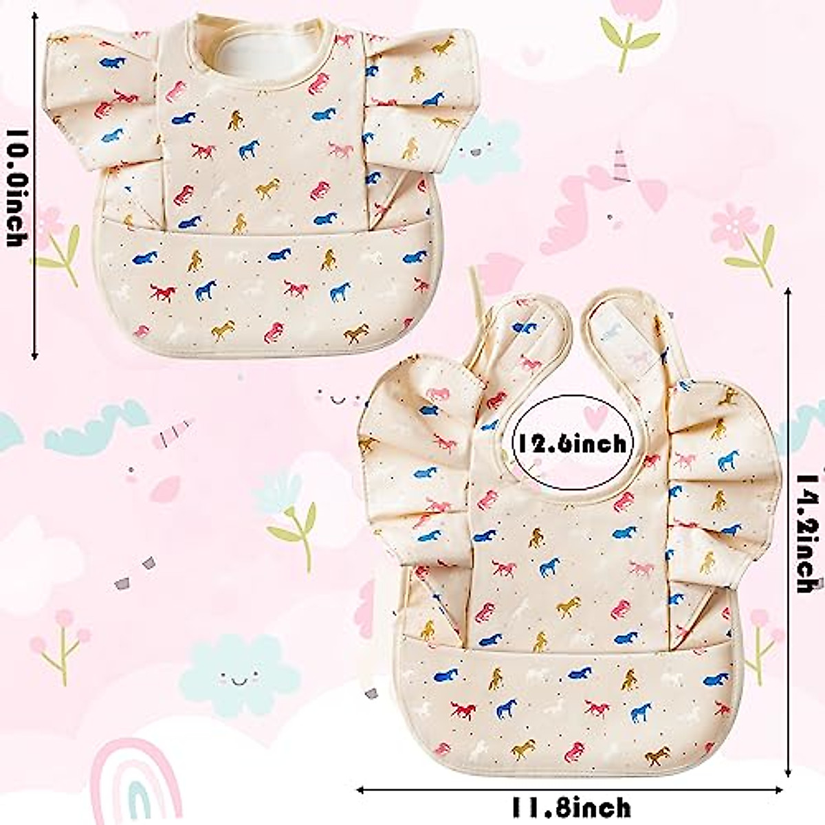 BUoonyer 3pcs Mess-Proof Baby Apron for Feeding Eating, Food Bibs with Catcher, Unicorn Rainbows Adjustable Waterproof Apron Mess Proof Bibs for Babies Toddlers Girls Boys Infant Newborn Birthday Gift