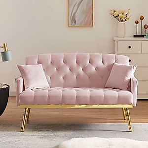 Antetek Upholstered Velvet Loveseat Sofa, Modern Small Sofa Couch with Side Pocket and Golden Metal Legs, Tufted Leisure Sofa for Living Room, Bedroom, Office, Pink