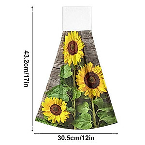 Vintage Sunflowers Kitchen Towels Sets Summer Wood Board Hanging Hand Towel Dish Towel with Loop 2PCS, Soft Super Absorbent Dishcloths Fingertip Towel for Bathroom Washroom Guestroom Hotel 12x17 In