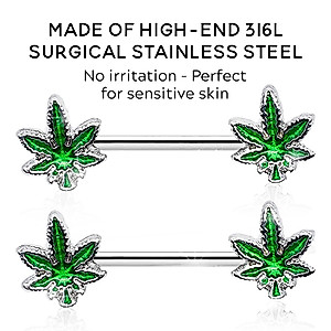 Pierce2GO 14G Nipple Piercing Surgical Stainless-Steel Set of 2 Barbell Marijuana Weed Cute Nipple Rings Nipple Piercing Jewelry for Women - 9/16" Barbell