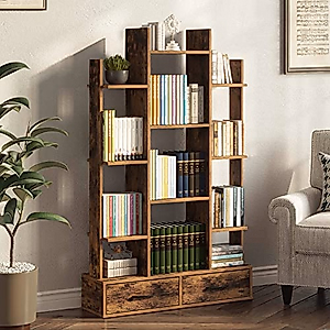 Rolanstar Bookshelf with 2 Wooden Drawers, Rustic Wood Bookshelves, Book Shelf Free Standing Storage Shelf for Bedroom, Living Room, Home Office, Rustic Brown
