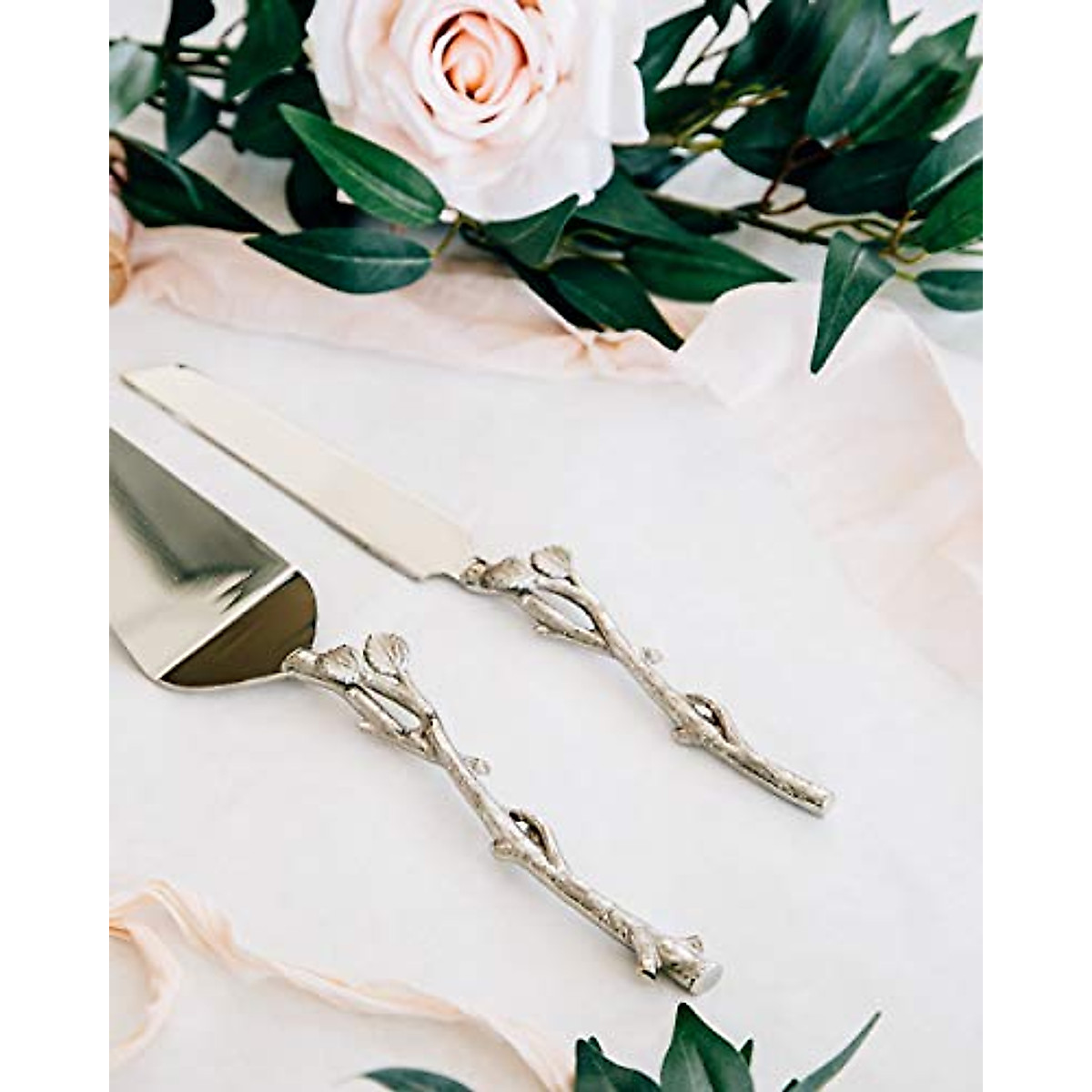 Elegant Rustic Cake Server and Knife Set with Beautiful Leaf Design, Ideal Cake Cutting Set For Wedding Party's and Elegant Events, 2 Piece Silver Twig Pie Server Set…