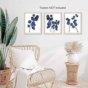 Pink Pixie Studio Blue Ink Eucalyptus Foliage Prints Set of 3-5 x 7 UNFRAMED Botonical Watercolor Indigo Leaf Wall Art Posters Painting Home Office Decor