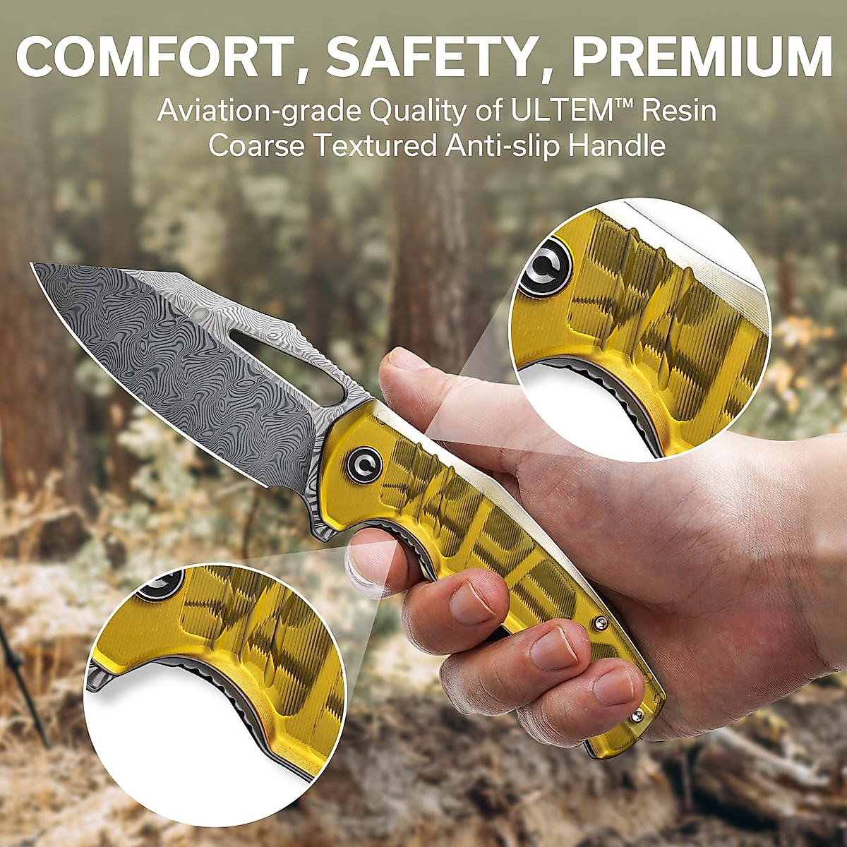 CIVIVI BullTusk Pocket Knife for Camping Fishing Hunting, Folding Knife with Flipper, 3.48" Curved Damascus Blade Ultem Handle, Cool Pocket Knife for Men Women Gift C23017-DS1