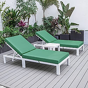 LeisureMod Chelsea Modern White Aluminum Chaise Lounge Outdoor Patio Chair with Side Table & Cushions Set of 2, Green