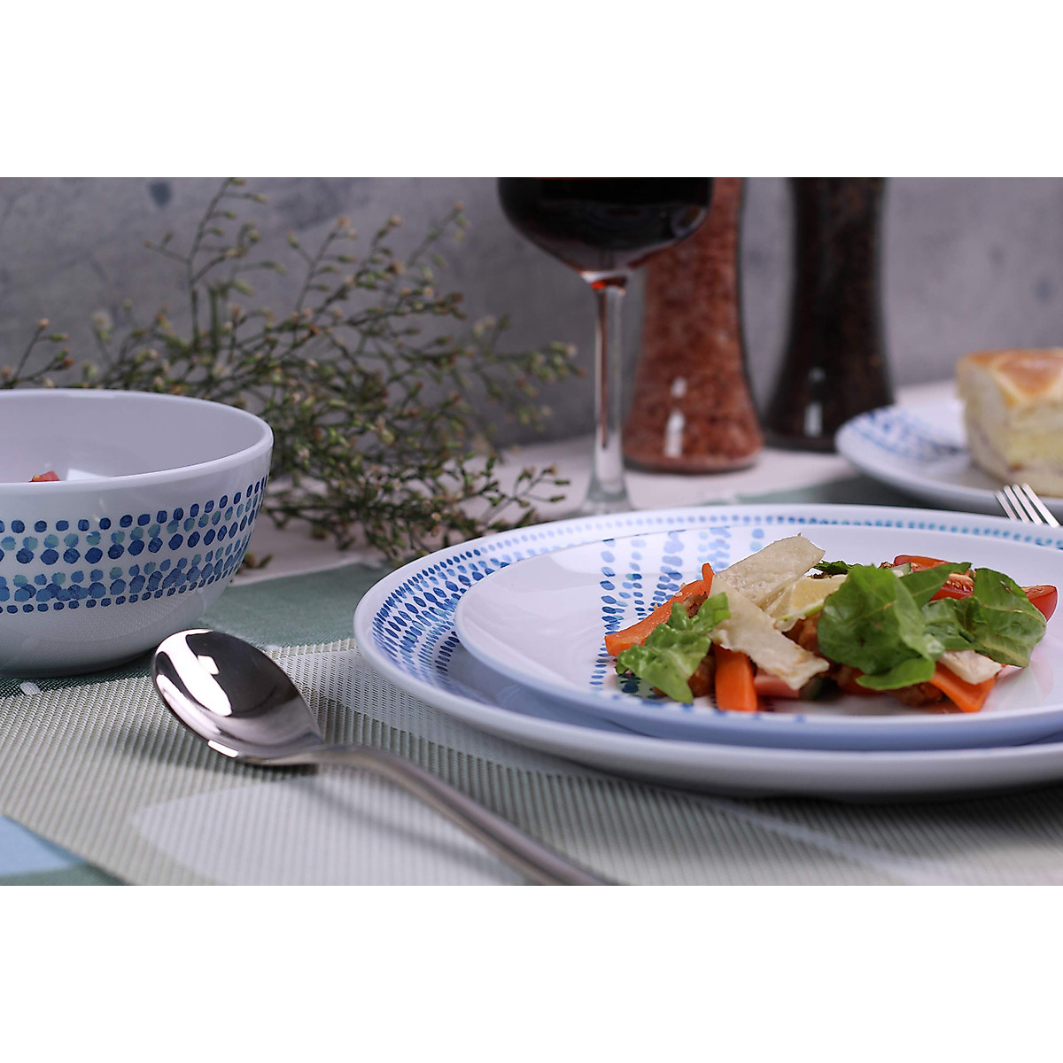 Melamine Dinnerware Sets, 12Pcs Plates and Bowls Sets Dinnerware Sets for 4 Indoor and Outdoor Use Dishwasher Safe Raindrops Design