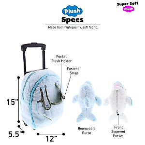 DolliBu Dolphin Plush Trolley and Purse Set - 3-in-1 Kids Trolley, Backpack, Blue Dolphin Purse, Soft Plush Backpack on Wheels, School Rolling Bag with Removable Plush Toy- 15"
