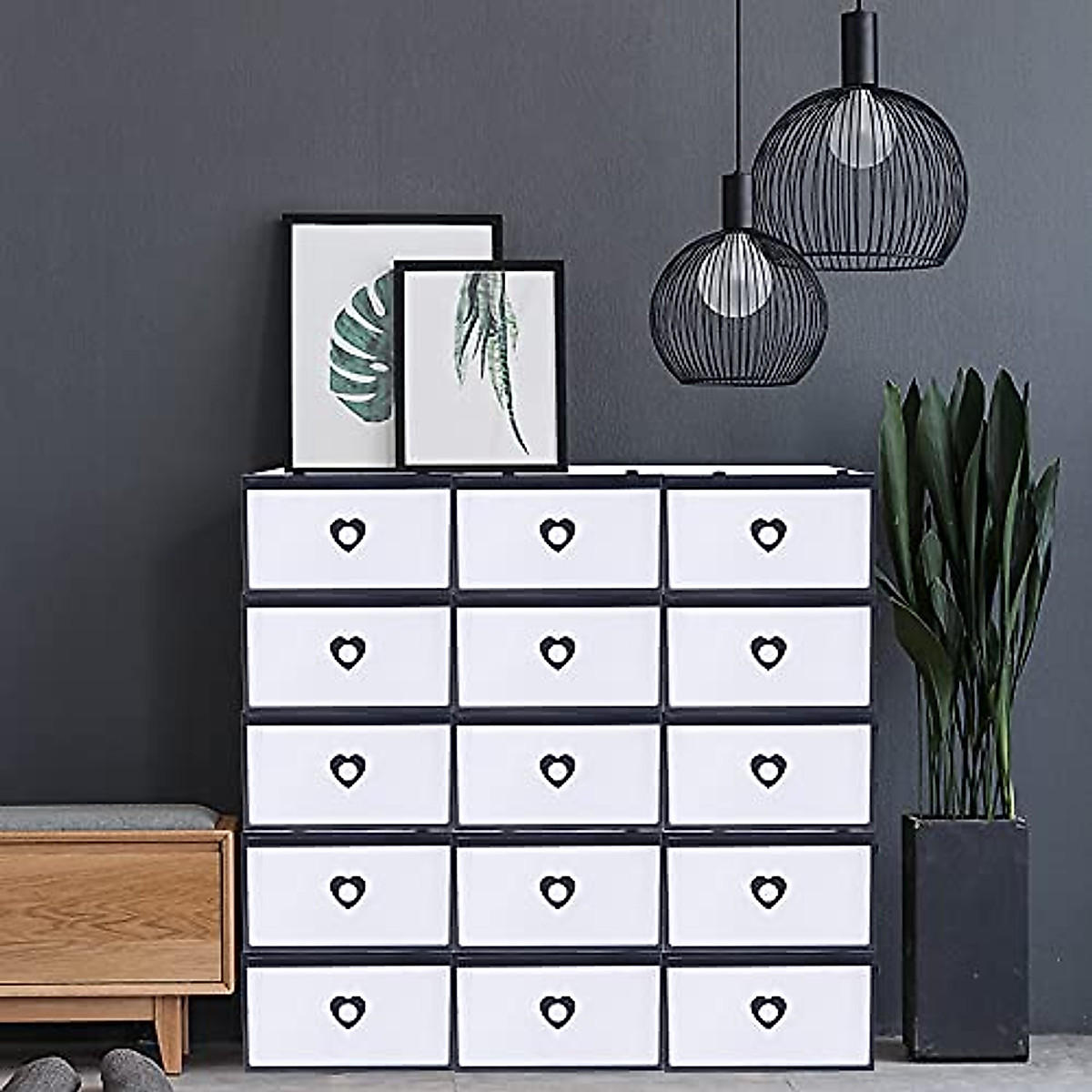 Futchoy Clear Drawer Shoe Box 10/20/24 Pcs Foldable Shoe Storage Case Box for Storage Room Bedroom Black Round Hole/Black Heart (Black heart 24)