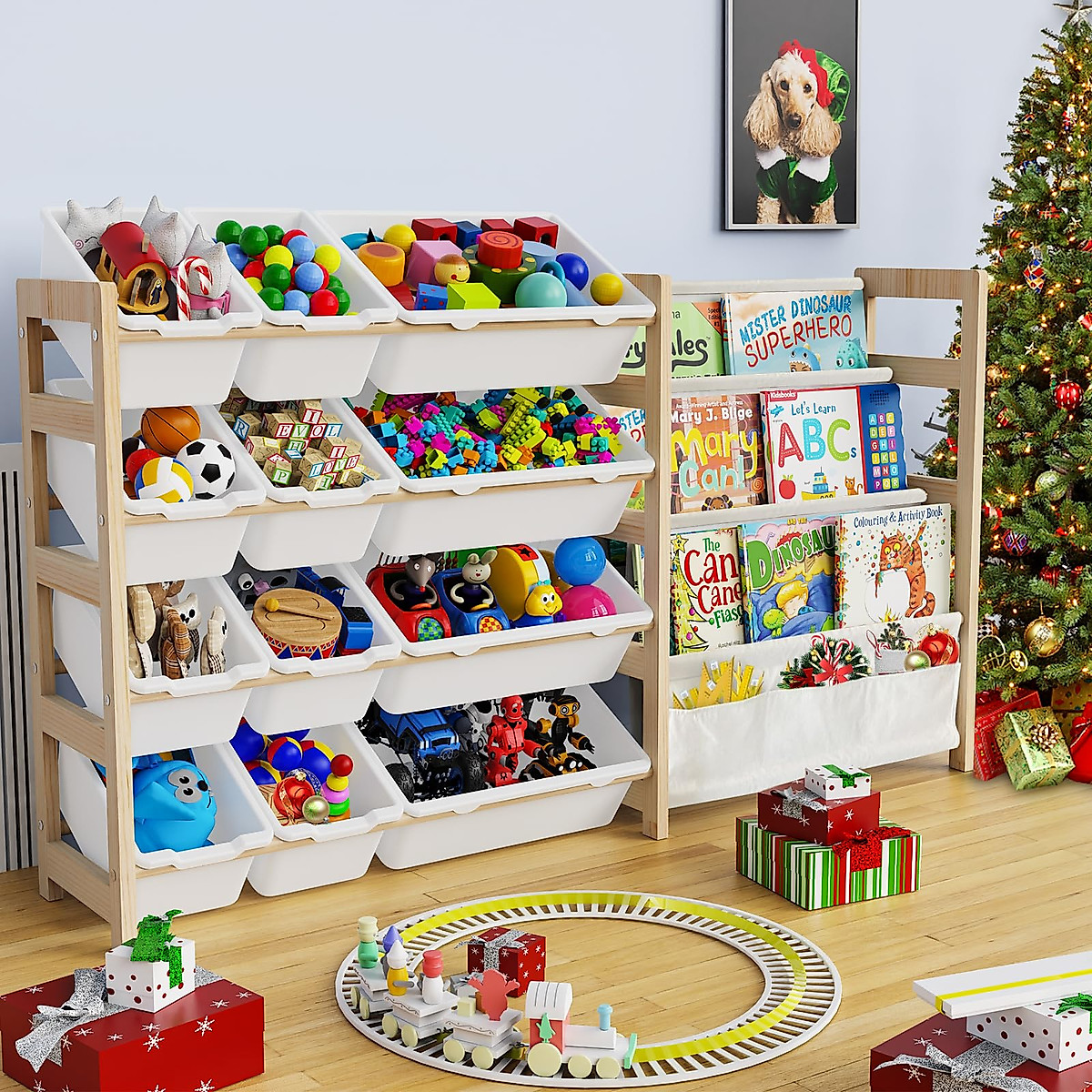 Large Toy Storage Organizer with 12 Toy Bins, Toy Organizers and Storage with Bookshelf for Kids, Playroom Organization and Storage Bins