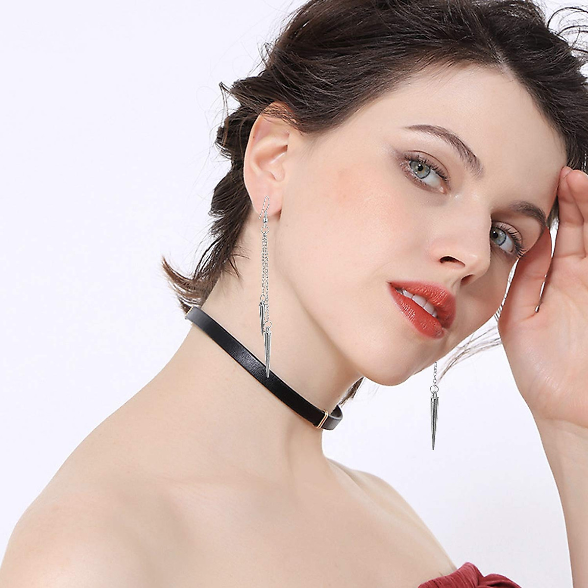 DAMLENG Lightweight Unique Black Punk Long Tassel Chain Ear Cuff Earrings 316L Stainless Steel Vintage Barrel Nails Crawler Climer Dangle Drop Earrings for Men Women Unisex (Silver)