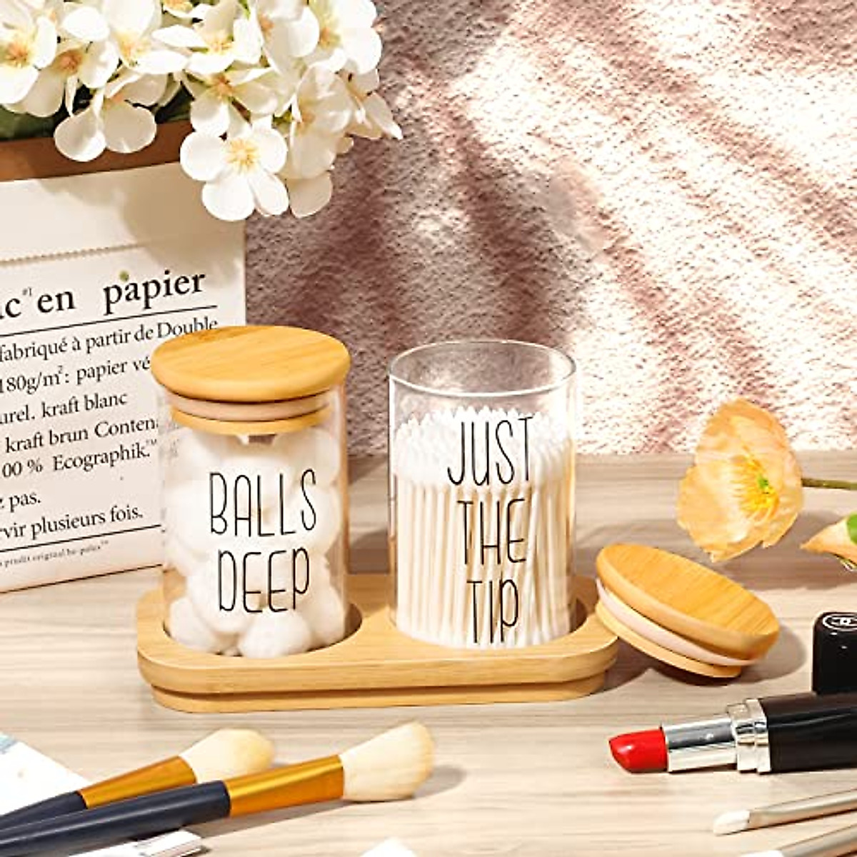 Funny Qtip Holder Dispenser 2 Pack Glass Apothecary Jars Bathroom Canisters with Tray, Cotton Ball Qtip Holder Bathroom Set with Bamboo Lids for Cotton Swab Farmhouse Bathroom Storage Organization
