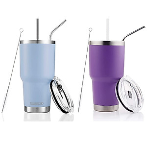 Product Image 30oz Blue Tumbler Stainless Steel Double Wall Vacuum Insulated Mug with Straw and Lid, Cleaning Brush for Cold and Hot Beverages