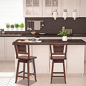 COSTWAY Bar Stools Set of 2, 24.5 Inch Counter Height Bar Stool with Rattan Back, 360°Swivel Seat, Comfortable Footrests, Rubber Wood Bar Stools for Kitchen Island, Dining Room, Cafe, Pub (2)