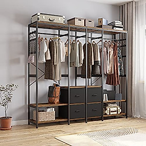 6ft Tall Walk In Closet Organizers And Storage System Heavy Duty Metal Closet Organizer With Parallel Bars, Shelves, Drawers And Clothes Hooks for Bedroom, Wardrobe Storage Rack Black & Walnut Brown