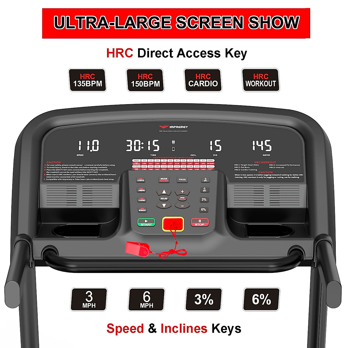 Impremey Folding Treadmill with Auto Incline 15%, 3.5HP, 350 Lb Capacity, 11 MPH, 50" x 19" Ultra Large Running Area, Heart Rate Monitor Armband, HRC Training for Home Walking and Running