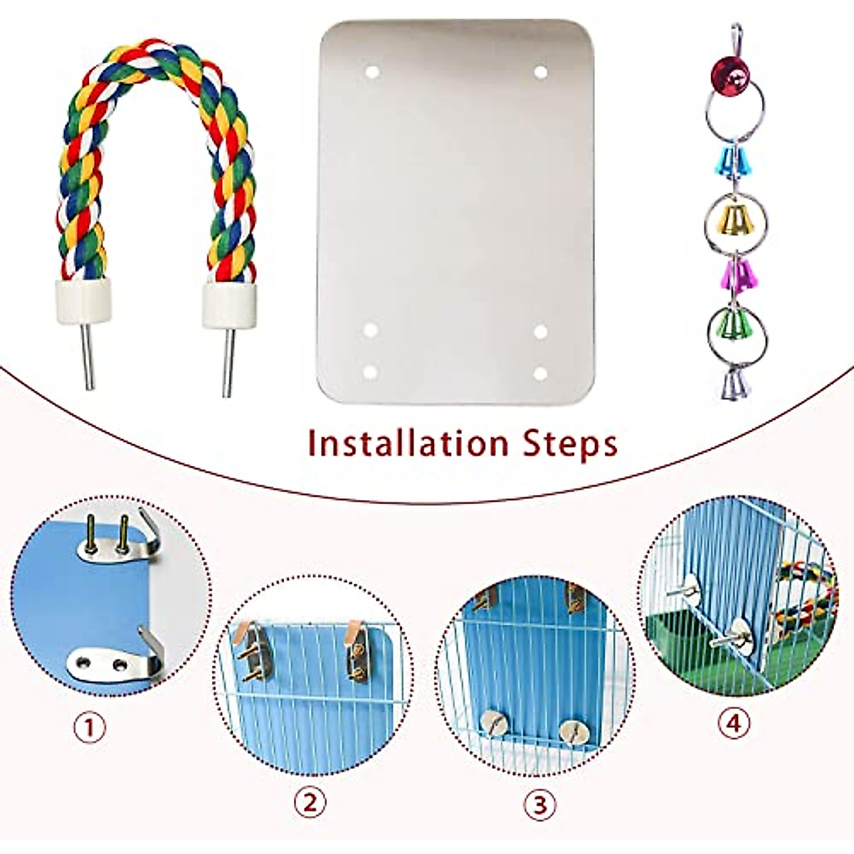 LOPERDEVE 7" Bird Mirror with Rope Perch Bird Toys Swing, Comfy Perch for Greys Amazons Parakeet Cockatiel Conure Lovebirds Finch Canaries