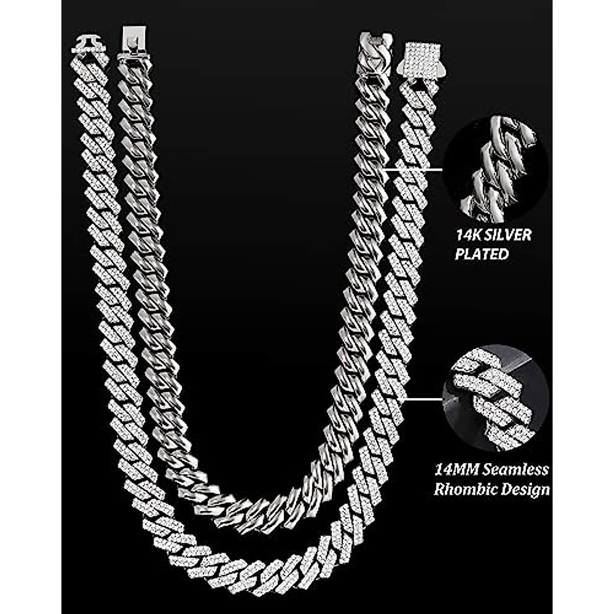 WKTYCCT 2pcs Cuban Link Chain for Men Women Iced Out Miami Cuban Necklaces Gold Silver 14mm Cuban Chain Necklace Sets Diamond Hip Hop Jewelry Gift (Silver, 16inch+18inch)
