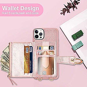 ZVE iPhone 12 and iPhone 12 Pro Wallet Case,iPhone 12 Pro/iPhone 12 Case with Zipper Card Slot Holder Crossbody Shoulder Chain Leather Handbag Purse for Apple iPhone 12 Pro/iPhone 12 6.1" - Rose Gold