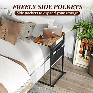 ZERDER C Shaped End Table, Small Side Table with Storage Bag for Couch, Sofa Table with Metal Frame for Living Room and Bedroom Bedside, Rustic Brown ZER-007Br