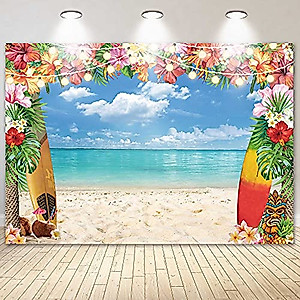 LIVUCEE 8x6ft Fabric Summer Hawaiian Beach Backdrop for Photography Tropical Flower Luau Aloha Backdrop Blue Sky Ocean Palm Leaves Background Birthday Hawaiian Party Decorations Suppiles Photoshoot