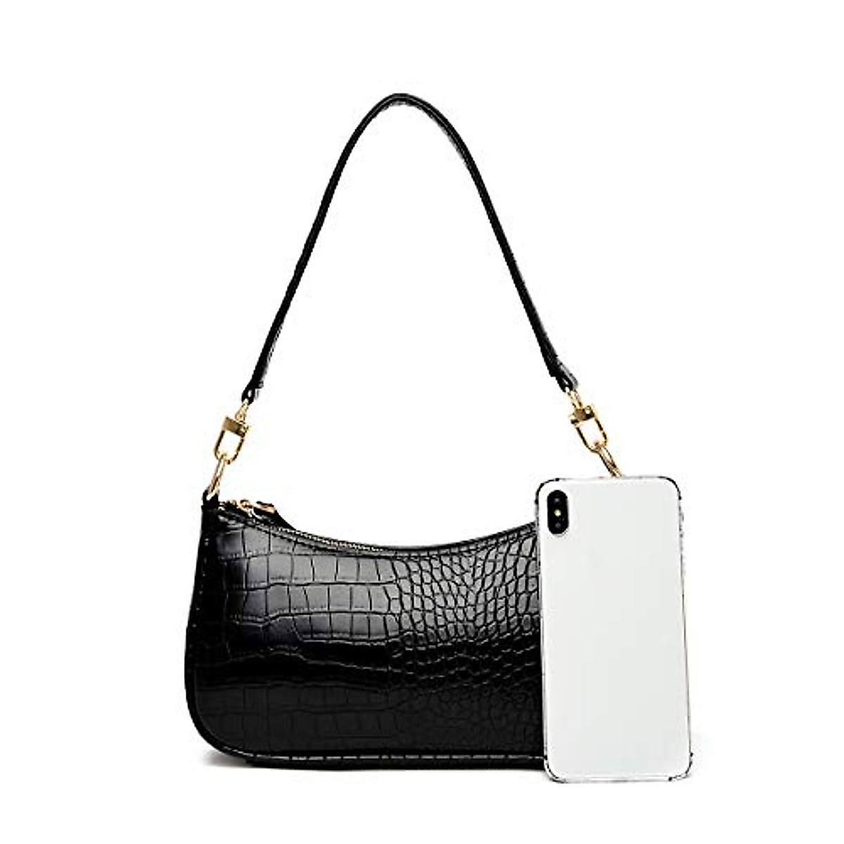 Women Shoulder Bags Retro Crocodile Purse Classic Clutch Shoulder Tote Handbag with Zipper Closure for Women (Black)
