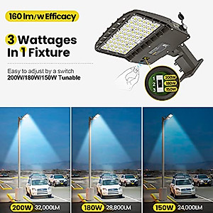 YARBO 200W LED Parking Lot Light 180W 150W Tunable, 32000LM (160LM/W) 5000K Parking Lot Light, Dimmable LED Shoebox Lights with Dusk to Dawn Photocell, Outdoor Pole Light, Arm & Slip Fitter in 1 Mount