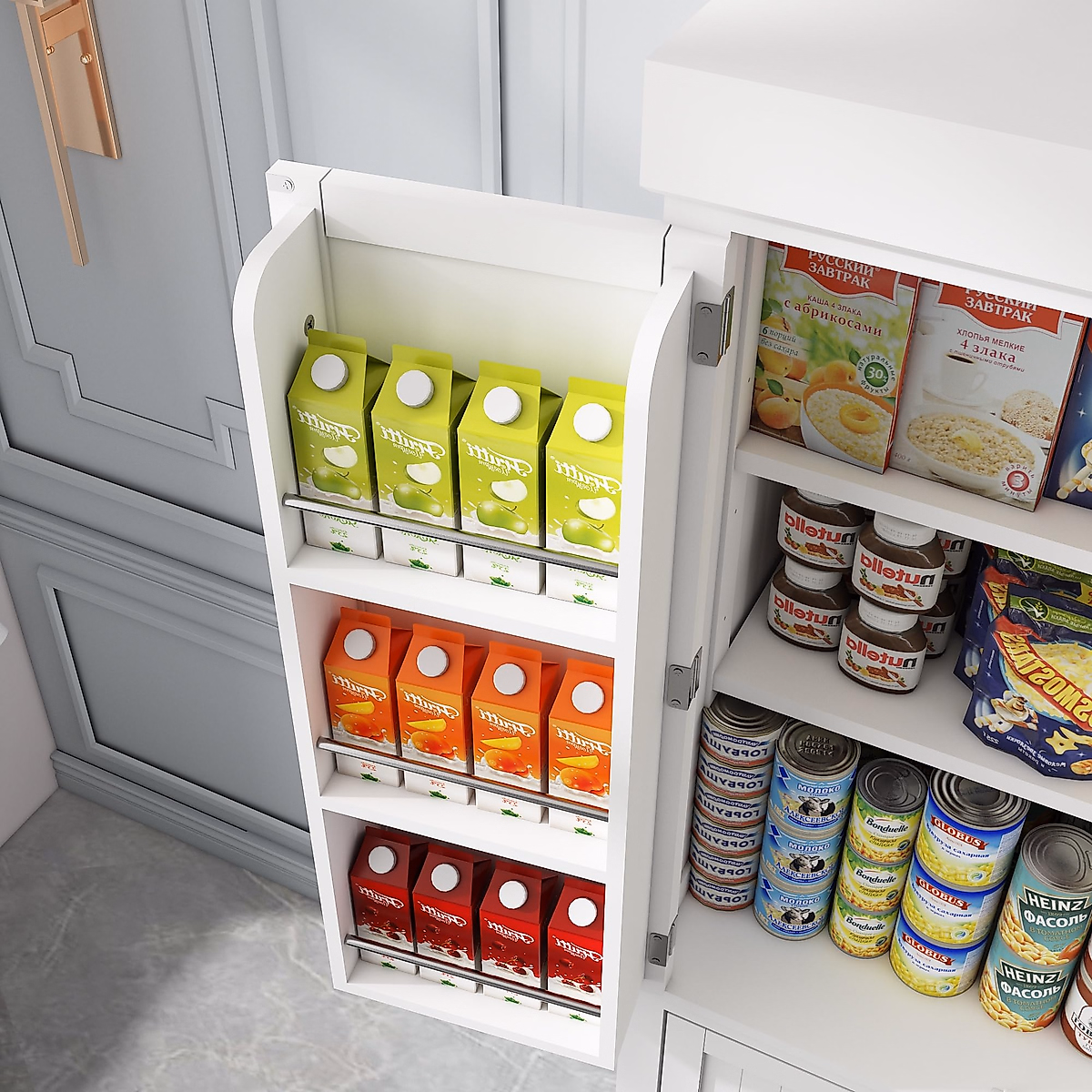 Squireewo 72" Freestanding Kitchen Pantry Storage Cabinet with Doors and 6 Hanging Shelves,Storage Cupboard with Large Drawer for Kitchen,Bathroom or Hallway, White