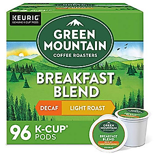 Green Mountain Coffee, Breakfast Blend Decaf, Single-Serve Keurig K-Cup Pods, Light Roast, 96 Count (4 Boxes of 24 Pods)