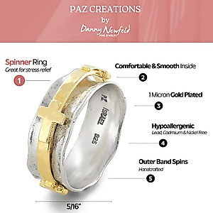 925 Sterling Silver Cross Spinner Ring by Paz Creations, Meditation Ring, Bohemian Jewelry For Women, Yellow Gold 6