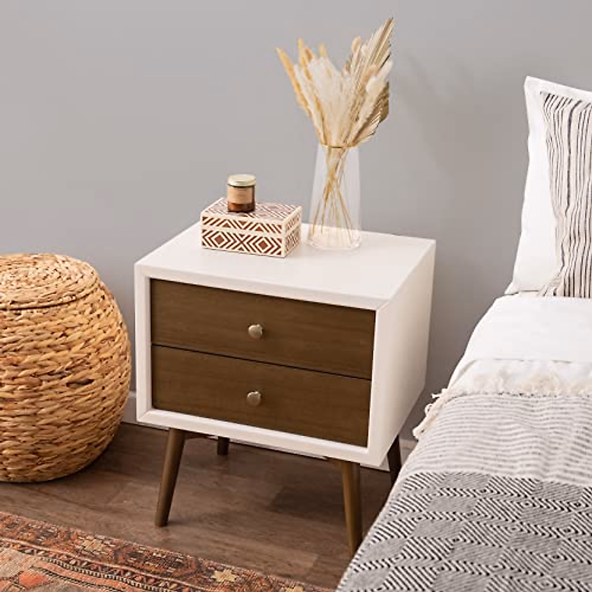 Babyletto Palma 2-Drawer Nightstand with USB Charging Port, Mid-Century, Warm White/Walnut