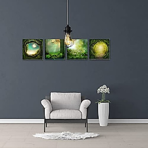 Green Forest Wall Art Prints Funny Wonderland Canvas Paintings 4 Pieces Nature Landscape Pictures Fairyland Artwork for Nursery Living Room Bathroom 12"x12"