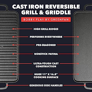 GreenPan x Bobby Flay Cast Iron Pre-Seasoned 11” Reversible Double Burner Rectangle Grill/Griddle, Helper Handles, Induction Suitable, Versatile Stovetop, Oven, BBQ & Fire, Indoor/Outdoor Use, Black