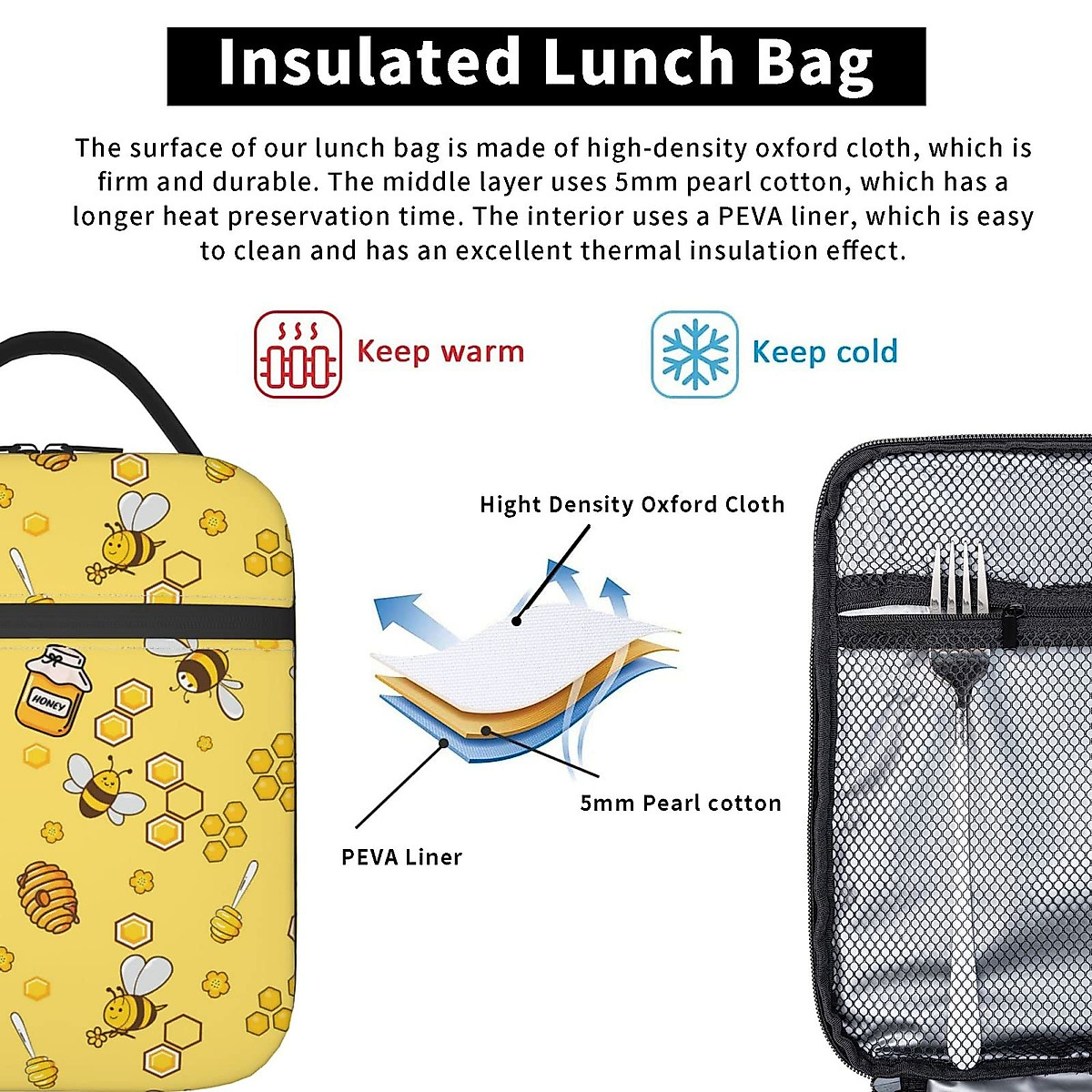 GTQIOTK Bee Lunch Box Insulated Reusable Yellow Lunch Bag for Teen Girls Women Portable Thermal Leakproof Cute Lunchbox Tote Cooler Bags Container for Kids School Office